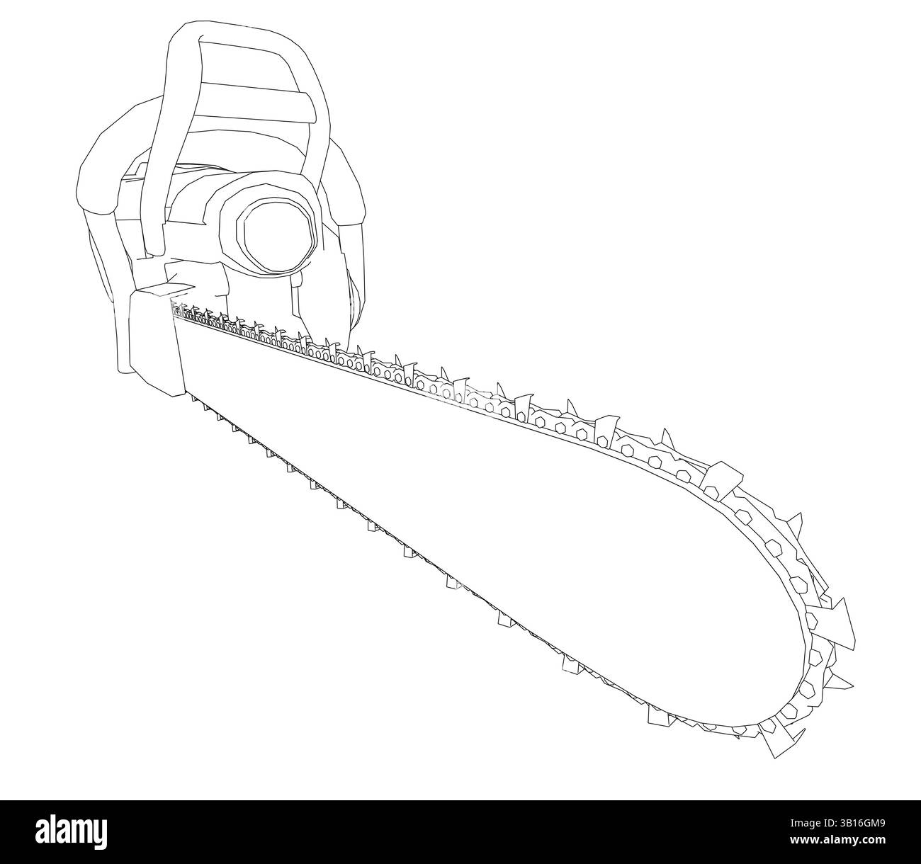 A black and white drawing of a chainsaw. The chainsaw is shown in its ...