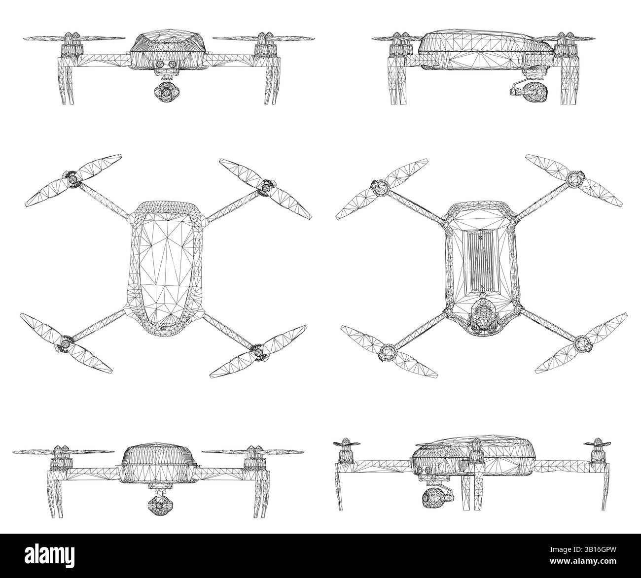 The image is a series of drawings of a drone. The drawings are all different sizes and ...