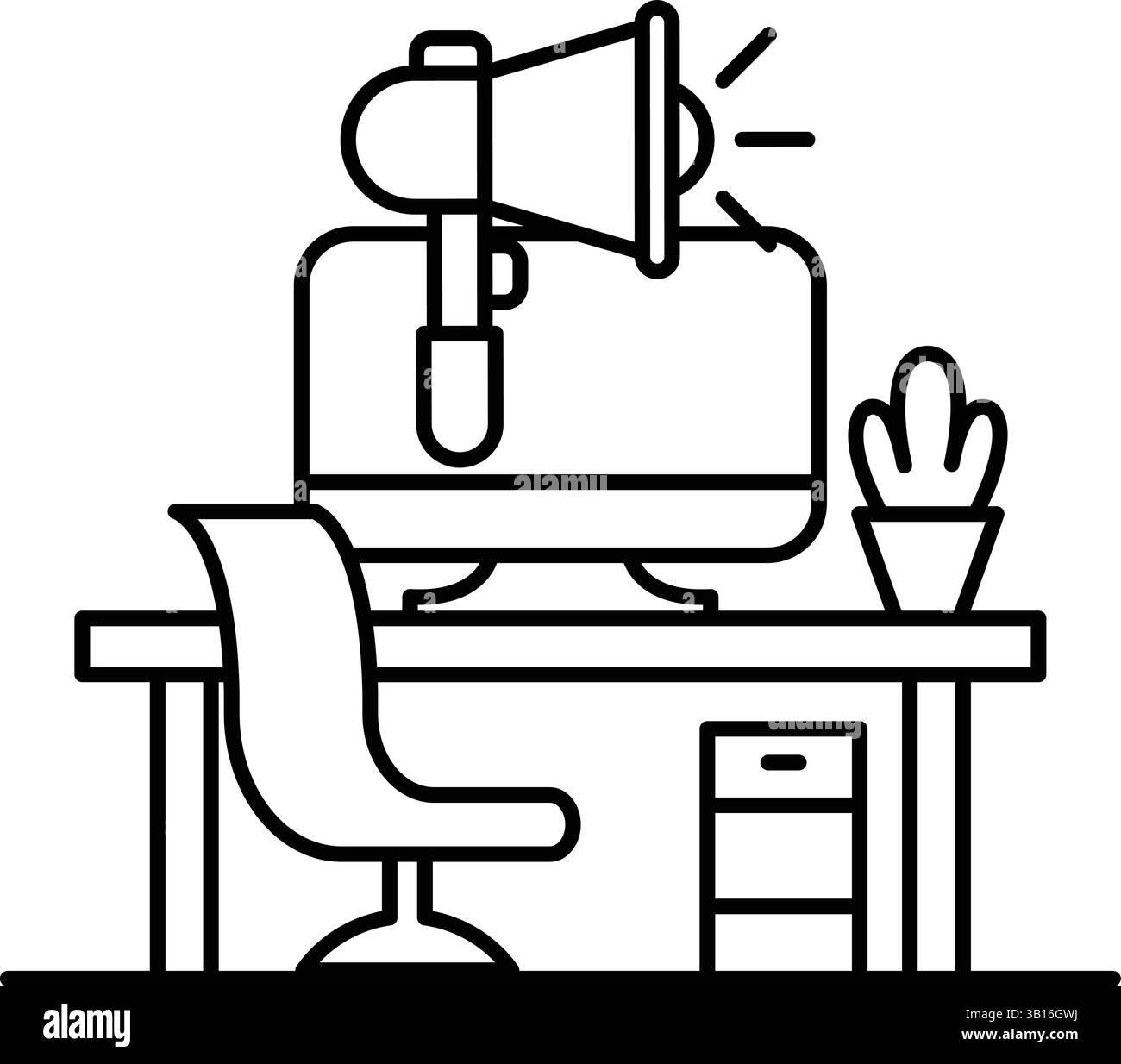 A computer monitor sits on a desk with a chair and a potted plant Stock ...