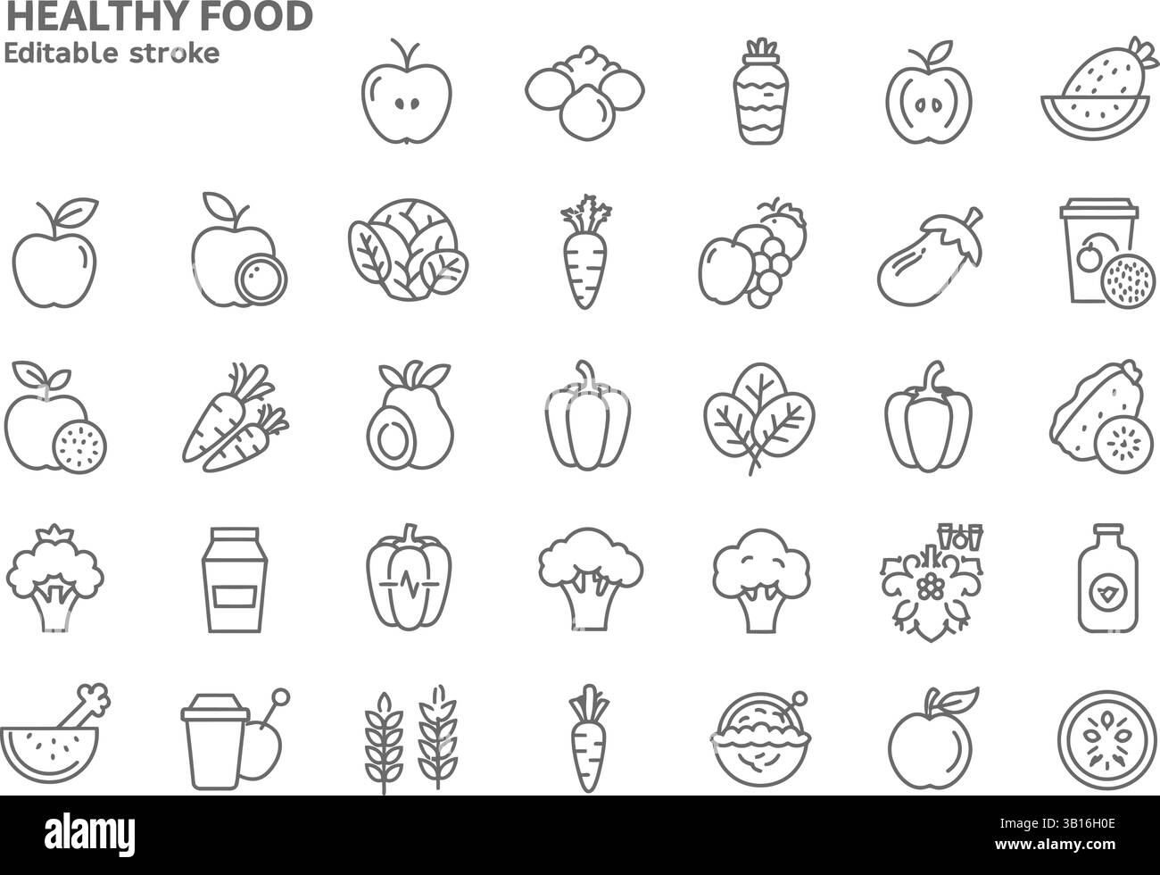 Healthy Food Icon Set Featuring Fruits, Vegetables, and Dairy in ...
