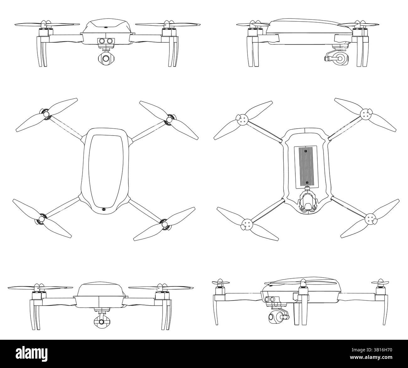 A drawing of a drone contour set. The drone is shown from the side ...