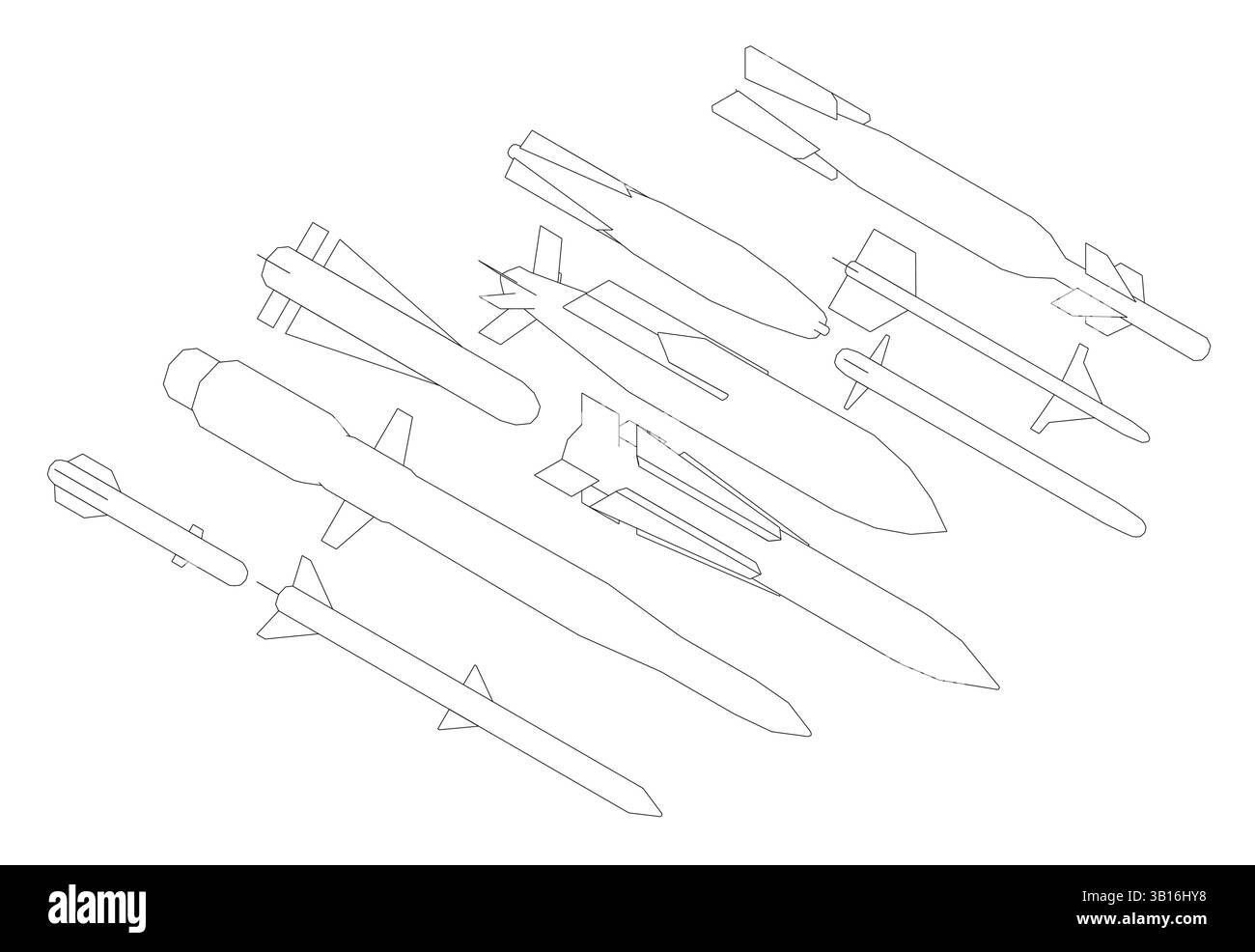 A series of rockets are lined up in a row. The rockets are all ...