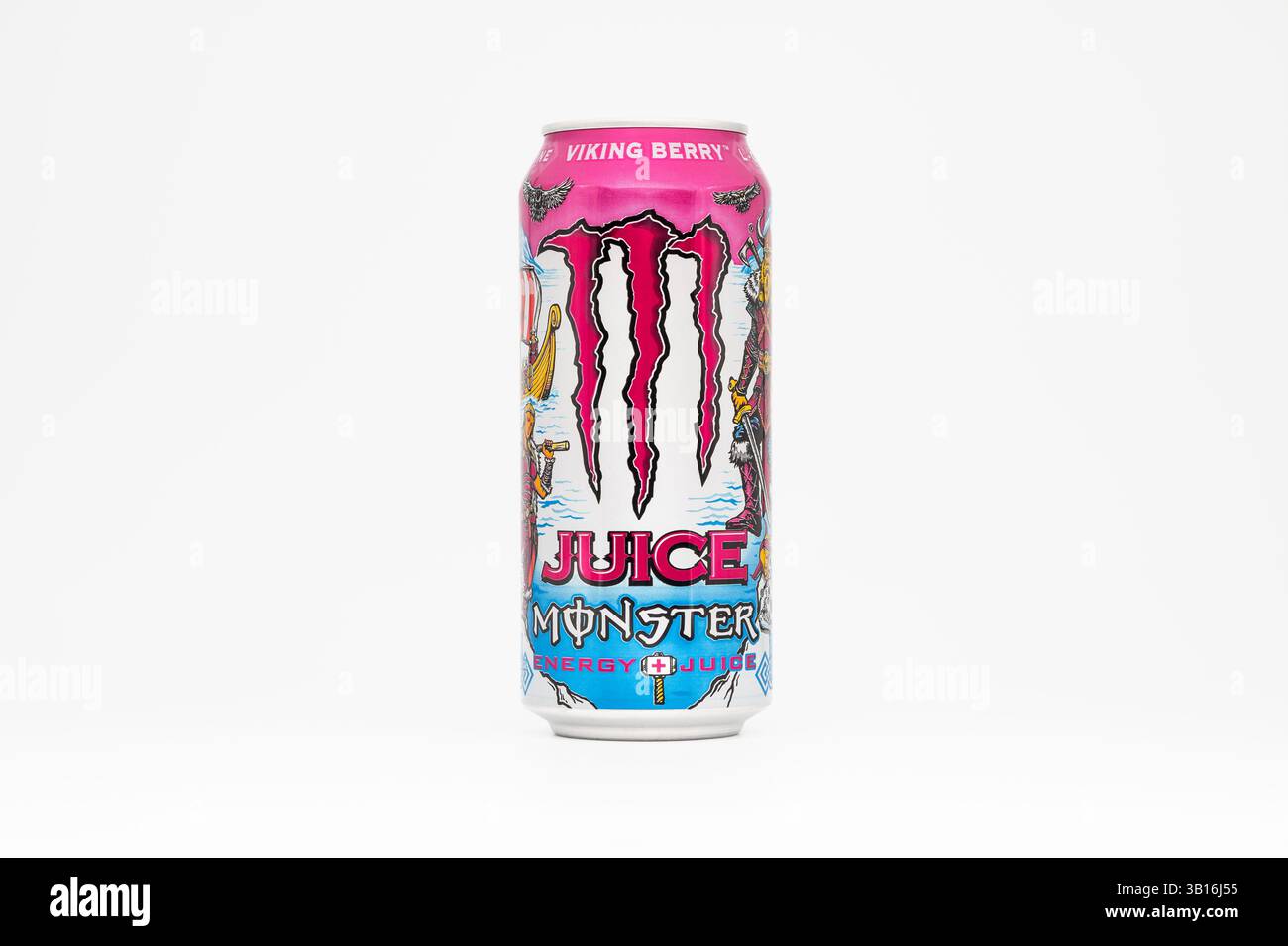 Monster Energy Juice Viking Berry beverage. The can design has artistic ...