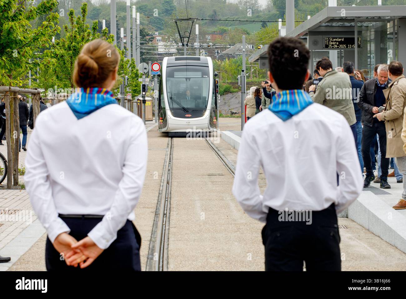 Liege, Belgium. 25th Apr, 2025. A test ride on the new T1 tramline in ...