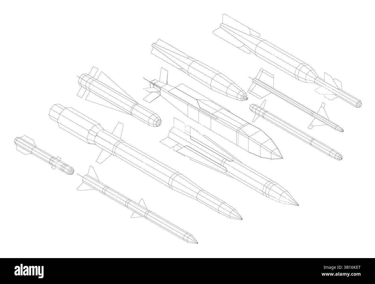 A series of missiles are drawn in black and white. Concept of military ...