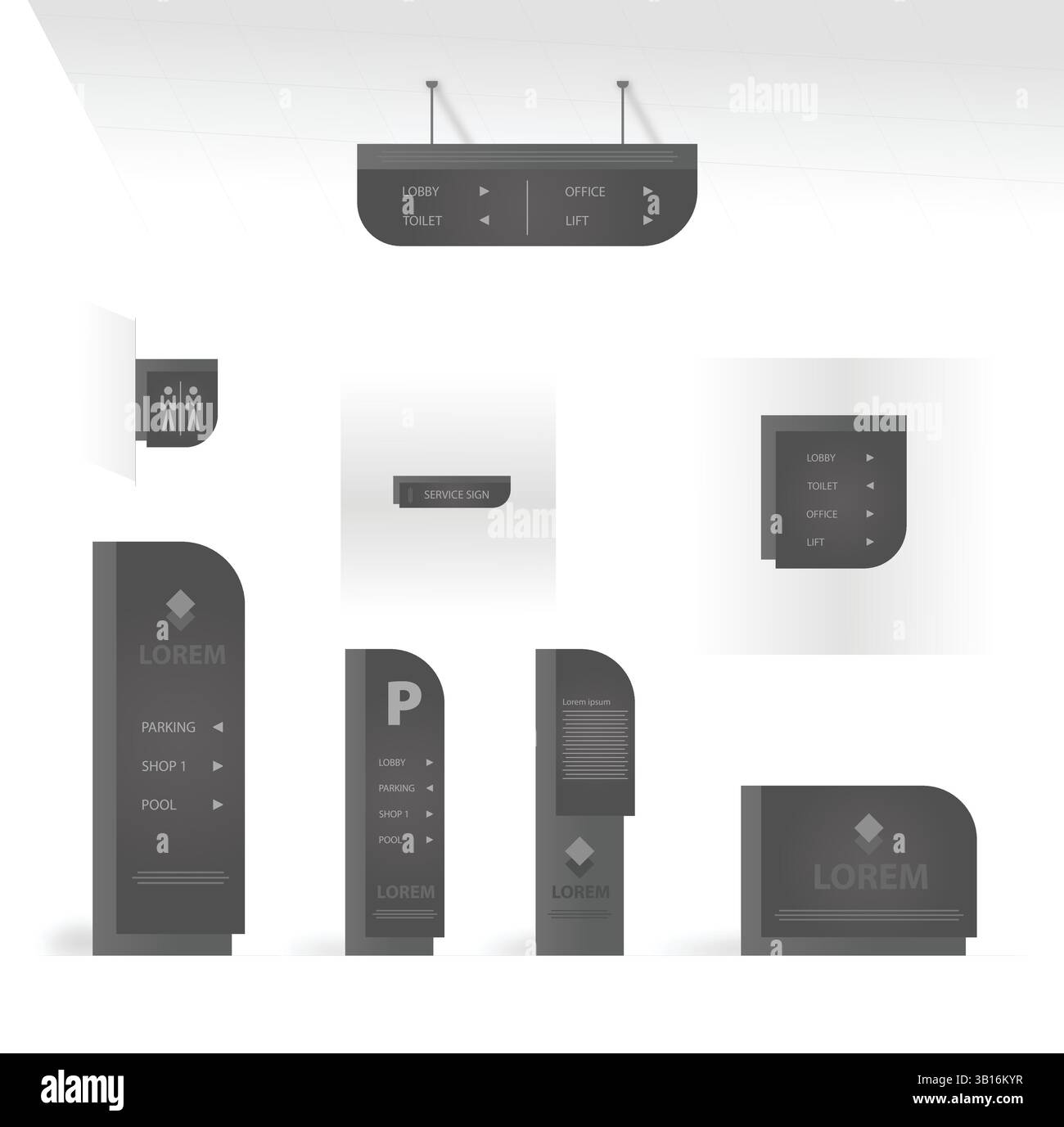 Wayfinding system signage mockup set Direction signs Exterior and interior way finding design ...