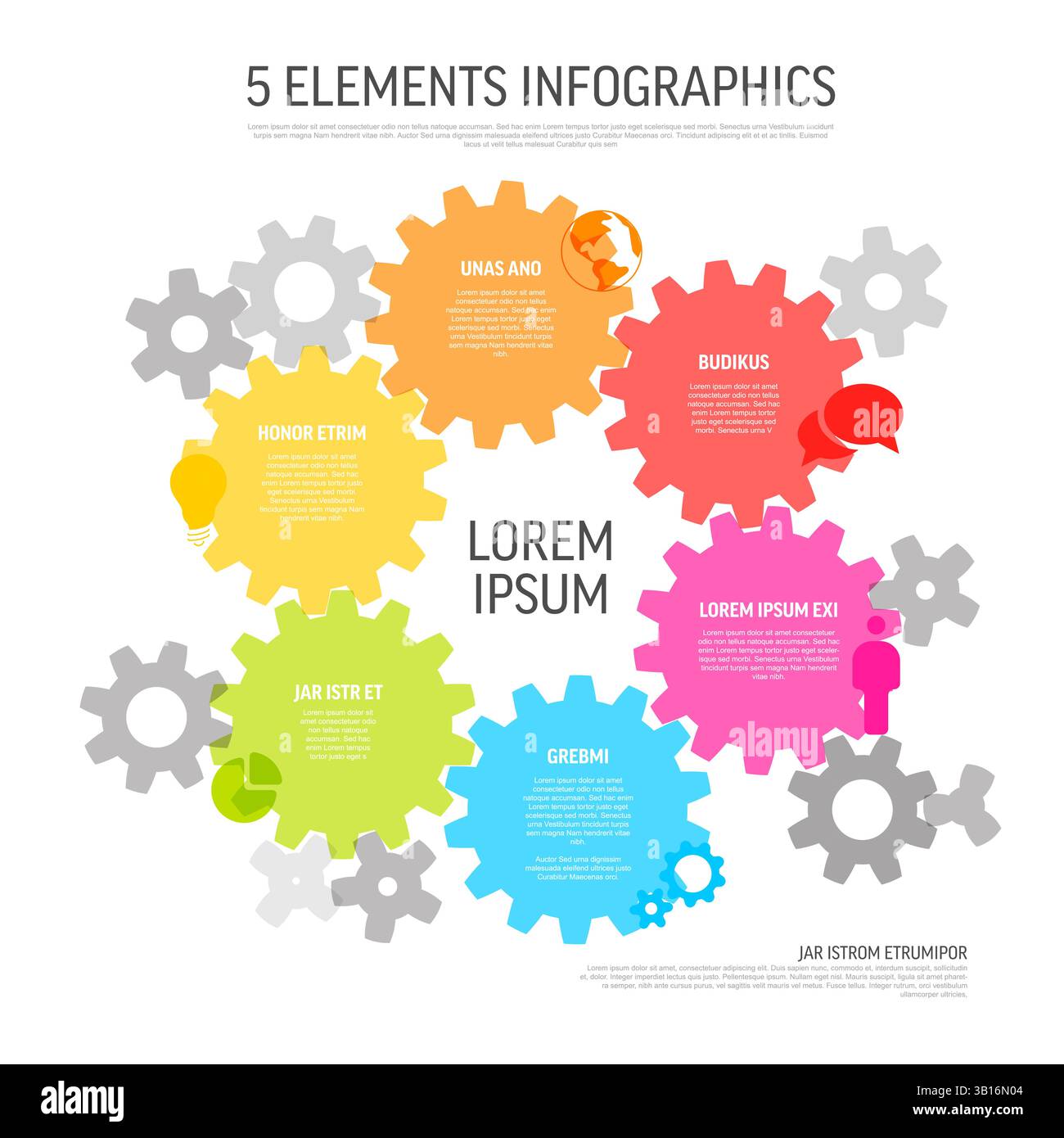 A vibrant infographic featuring 5 colorful gears with text areas and ...