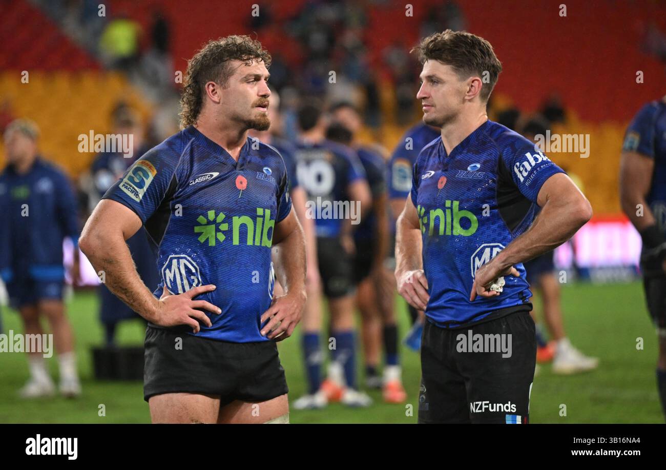 Adrian Choat (left) and Beauden Barrett of the Blues following the ...