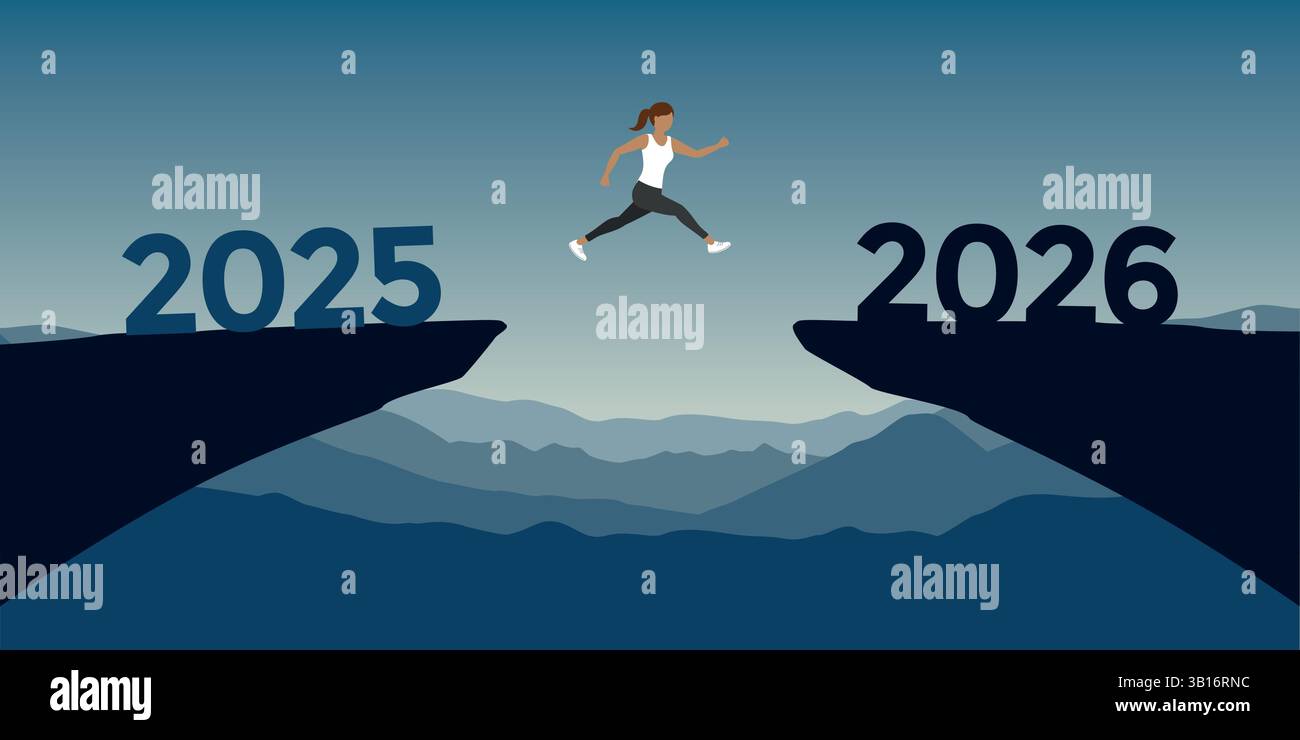 woman jumping over a cliff from 2025 to 2026 vector ilustration Stock ...
