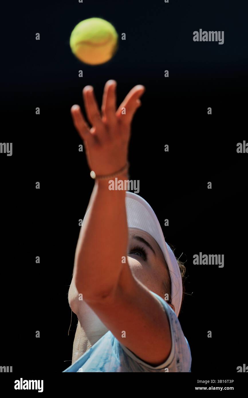 Anna Blinkova of Russia serves against Aryna Sabalenka of Belarus ...