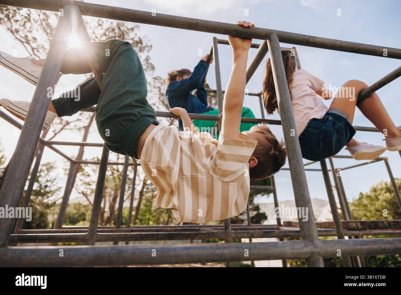Group of children enjoying active play outdoors, climbing and exploring ...