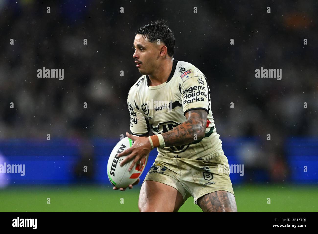 Jayden Sullivan of the Rabbitohs passes the ball during the NRL Round 8 ...