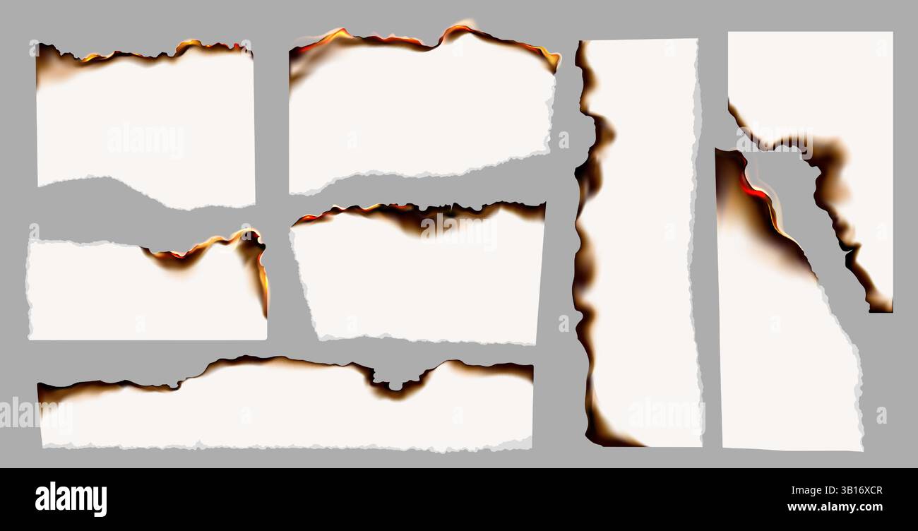 Burning paper. Realistic burning torn paper pieces with fire flame ...
