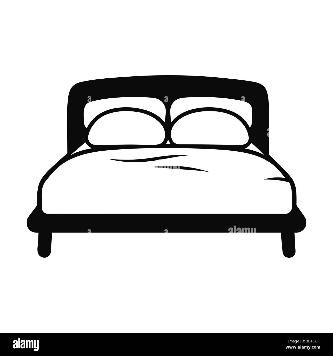 Bed vector icon. two pillows and blanket. Black silhouette isolated on ...