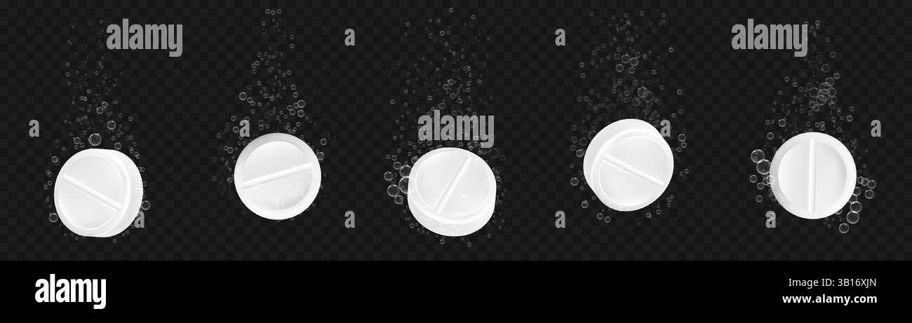 Fizzy pills. 3D soluble tablets with fizz air bubbles, effervescent ...