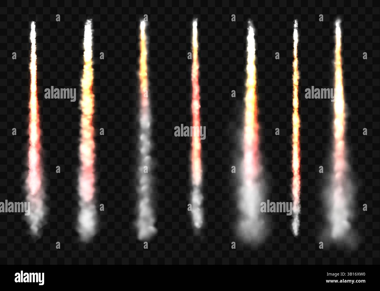 Realistic rocket tail. 3d realistic missile smoky fire track, plane or ...