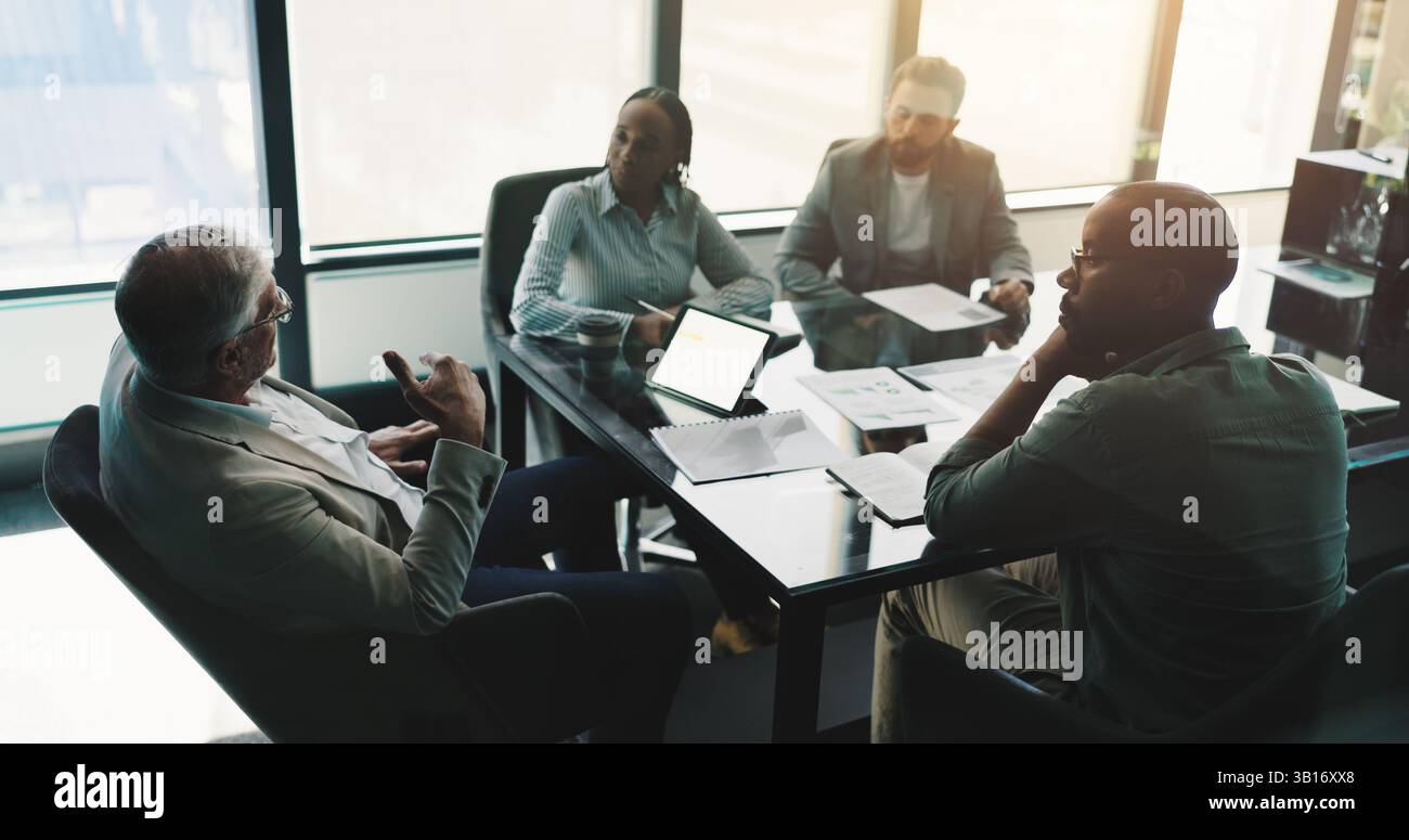 Corporate, collaboration and people with documents, boardroom and ...