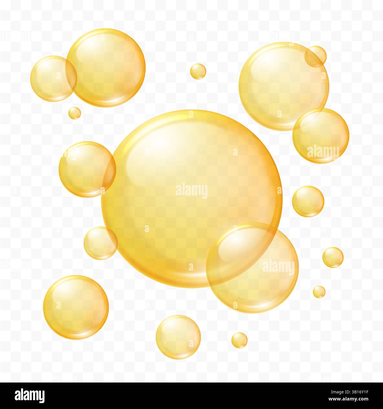 Oil bubbles. Realistic 3D gold collagen balls. Oily vitamin serum ...