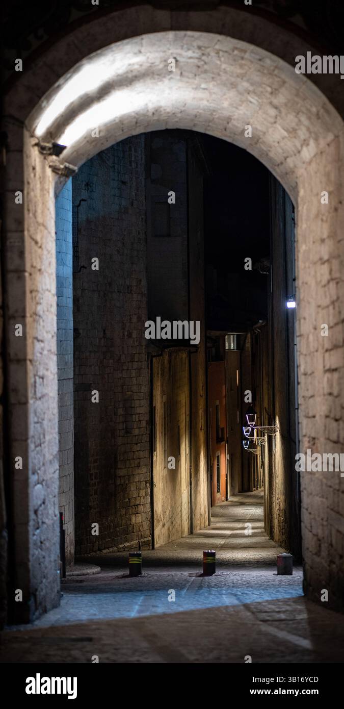 A narrow, dimly lit alleyway framed by a stone archway, with cobblestone pavement and old ...