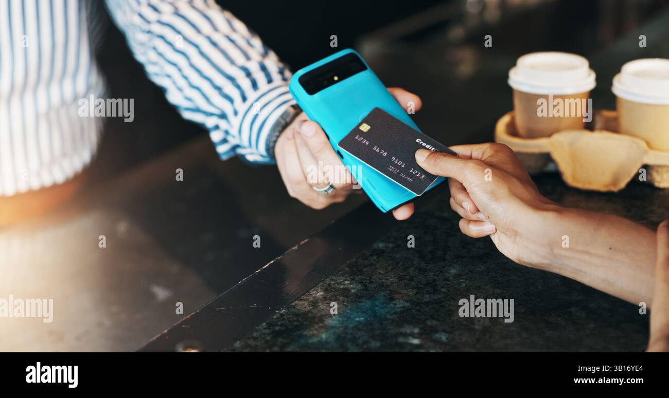 Coffee shop, credit card and customer with machine for payment ...