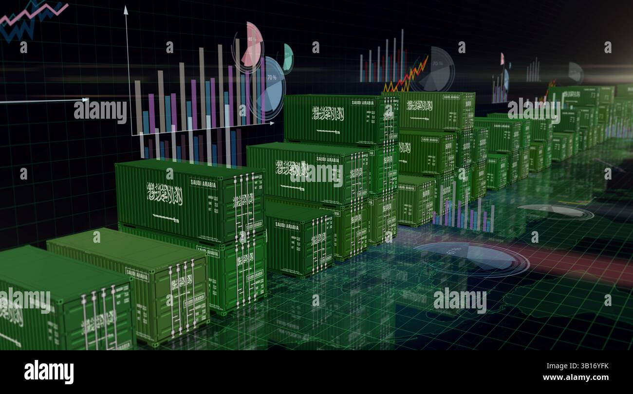 Saudi Arabia export production and import cargo containers on charts ...