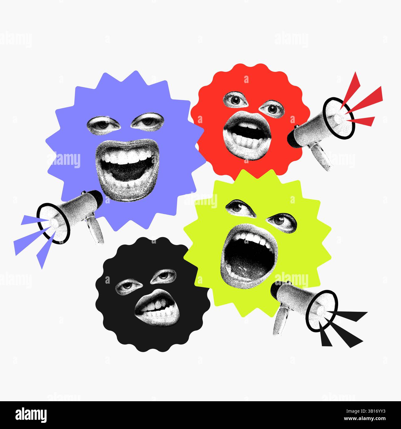 Surreal composition of pop-art faces with protest eyes and mouths in ...