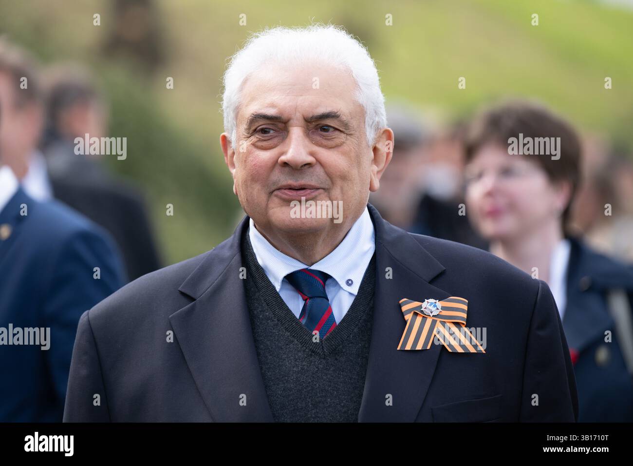 25 April 2025, Saxony, Strehla: Sergei Nechayev (M), Russian ambassador ...