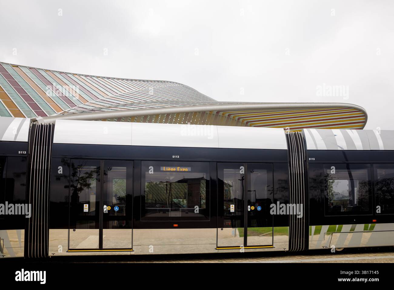 A tram at the Liege station stop pictured during a test ride on the new ...