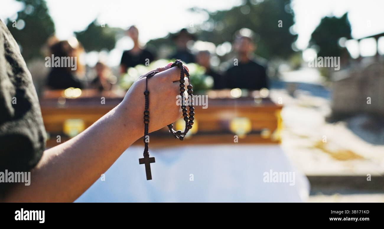 Funeral, hands and person with rosary, death and symbol for religious ...