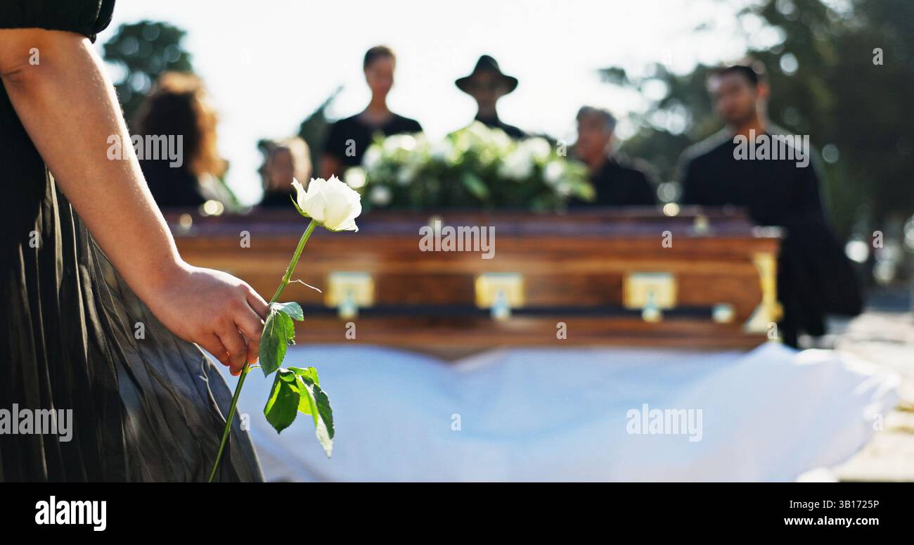 Hand, rose and woman at graveyard for funeral ceremony, grief and ...