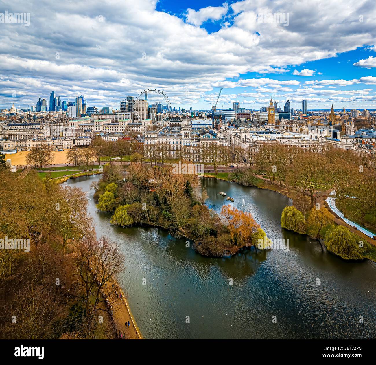 Aerial view of St. James's Park in central London featuring the lake ...