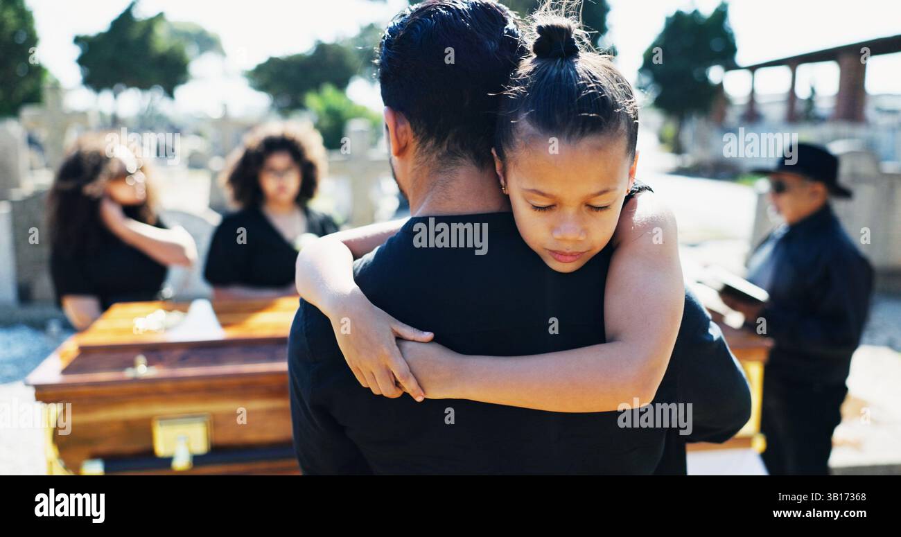 Girl, hug or father in graveyard for funeral, compassion or burial for ...