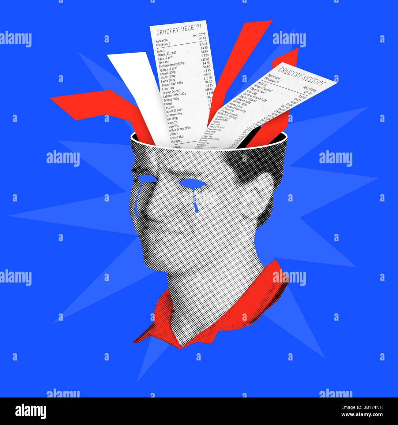 Modern collage design. Crying man with receipts from brain reveals ...