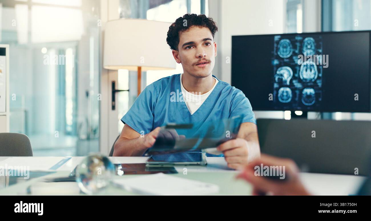 Brain, x ray and neurologist with man in meeting for skull injury ...