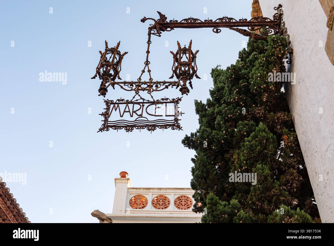 Metal sign, Palau de Maricel museum, Sitges, Catalonia, Spain Stock ...