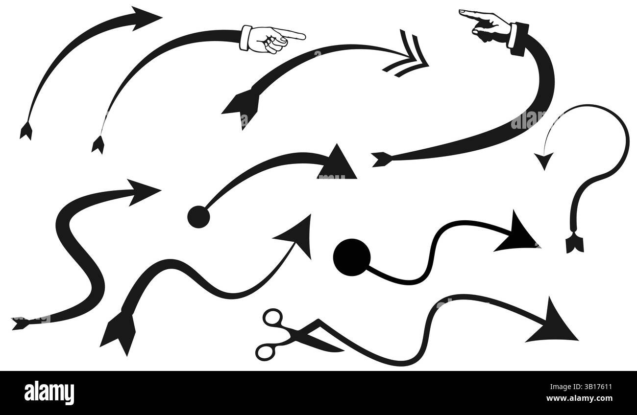 Hand-drawn abstract arrows set with pointing hands, curves, and symbols ...