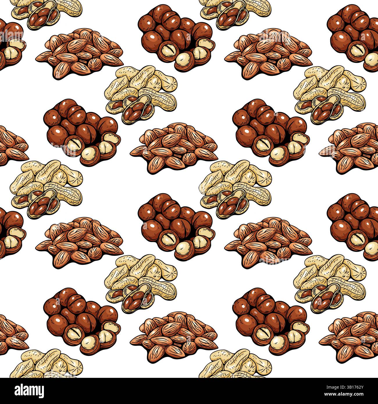 Pattern featuring a realistic mix of macadamia, peanut and almond nuts ...