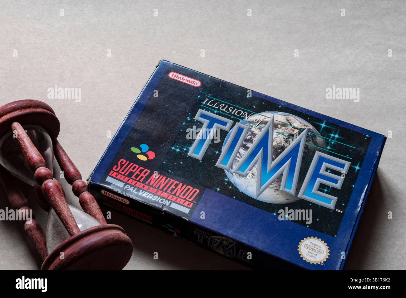 Illusion of Time Nintendo Game Box with hourglass isolated on bright ...