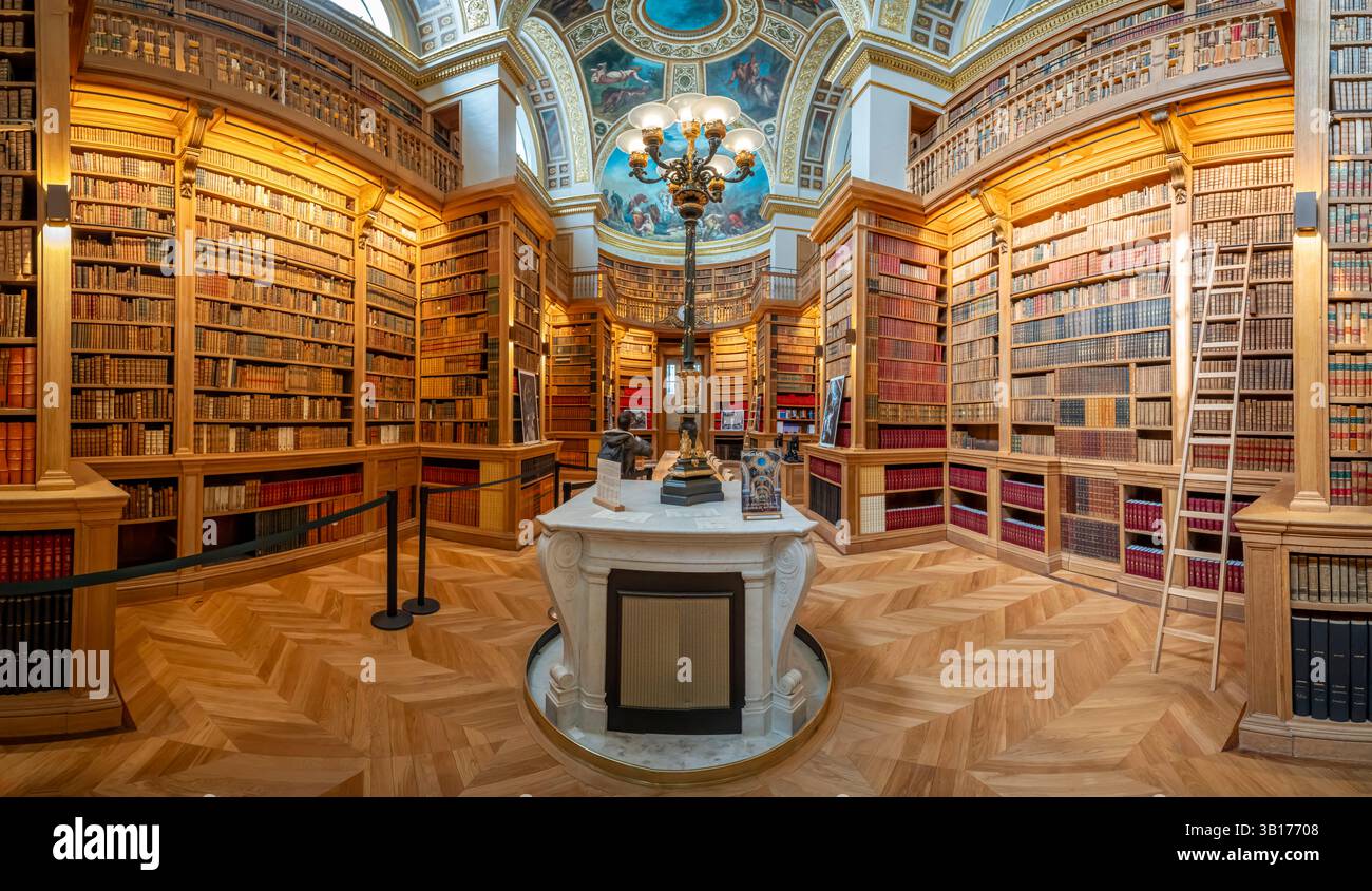 Paris, France - 04 24 2025: Panoramic view of the book shelves and ...