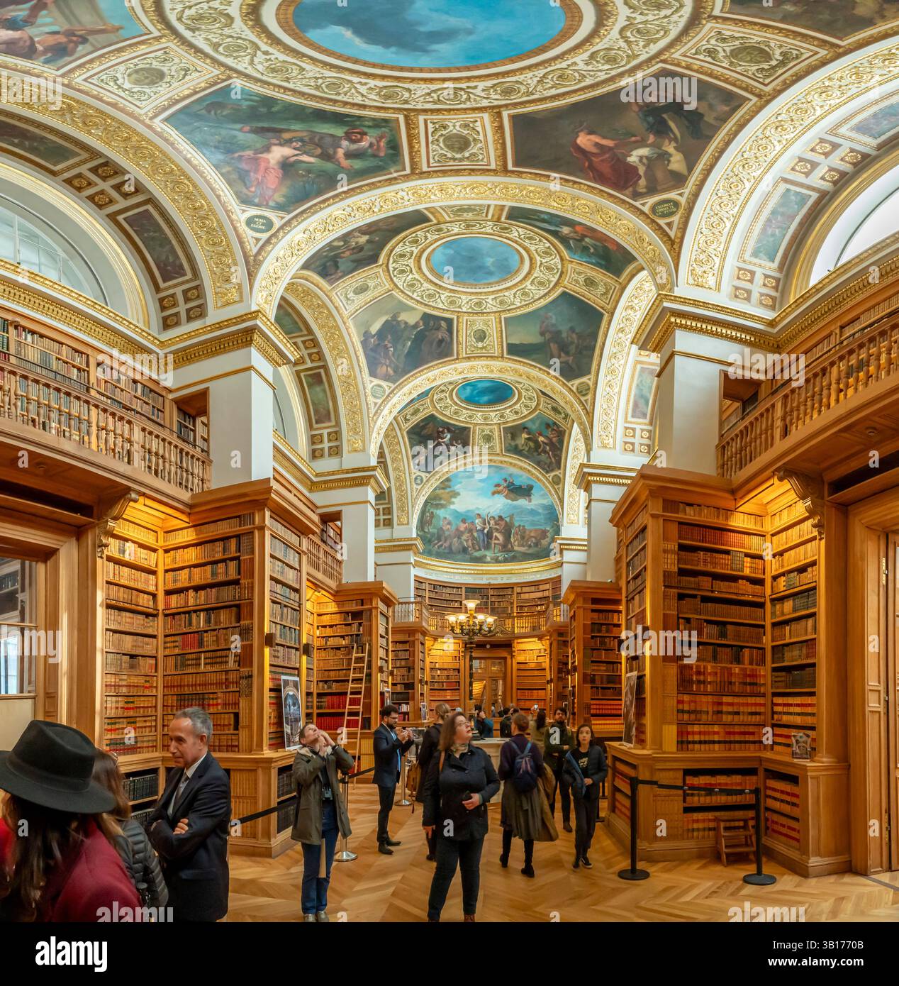 Paris, France - 04 24 2025: Panoramic view of the book shelves and ...