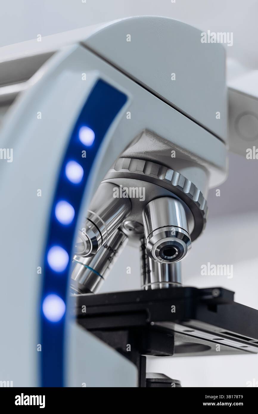 Science white microscope equipment in biology chemical laboratory ...