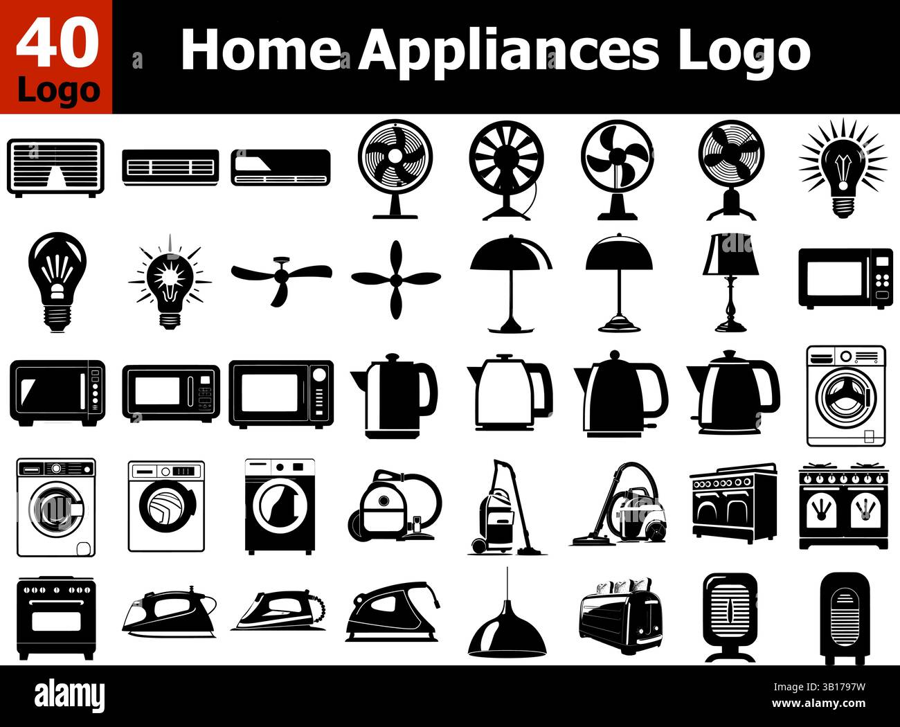 40 Home Appliances Solid Black Icons – Vector Logo Set for Electronics and Devices Stock Vector ...