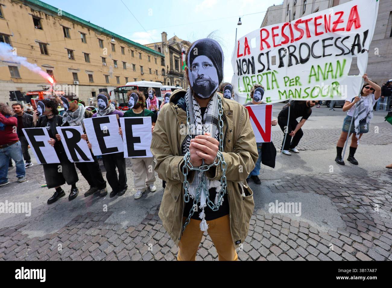Naples, Italy, 25 April 2025. A man in chains to ask for the release of Anan Yaeesh (a ...