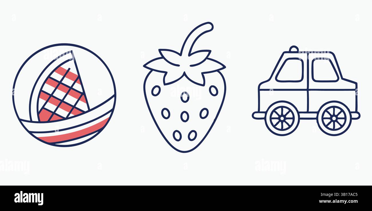 Cute Hand Drawn Fruit and Car Line Art Set for Children's Educational ...