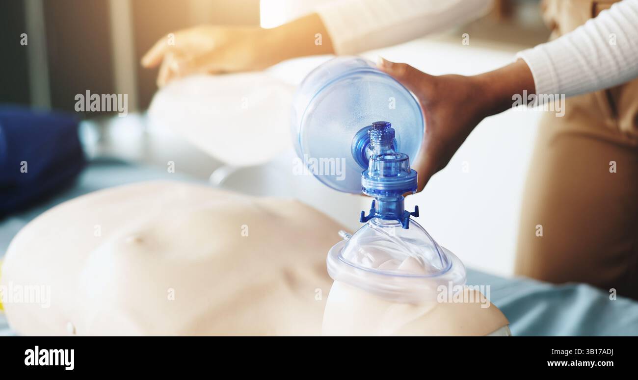 Oxygen, first aid and hands with mask, class and lesson to help in ...