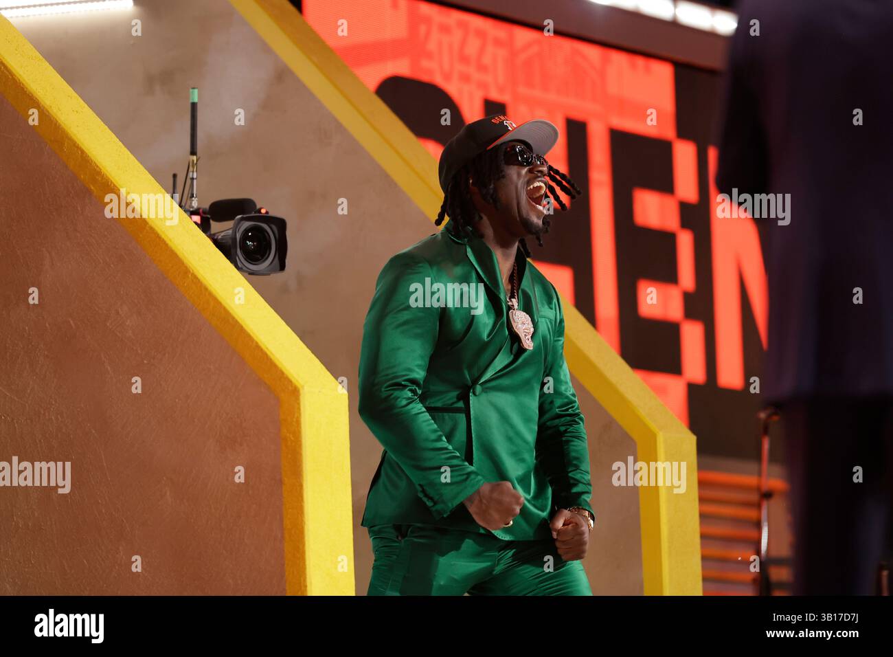 Texas A&M defensive lineman Shemar Stewart reacts as he goes on stage ...
