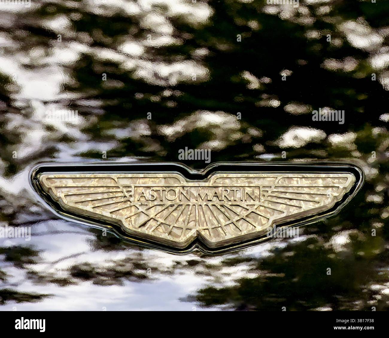 Close-up of the iconic Aston Martin winged logo on the back of a car ...