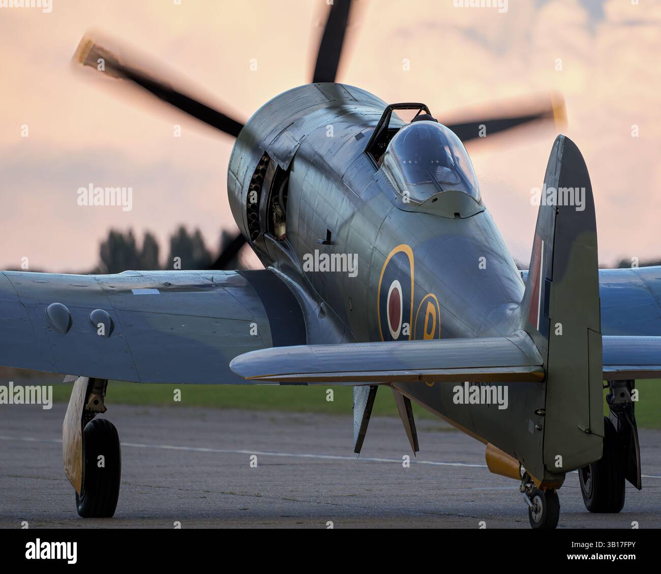 A Hawker Sea Fury FB.11, an RAF fighter aircraft, sits on the runway at ...