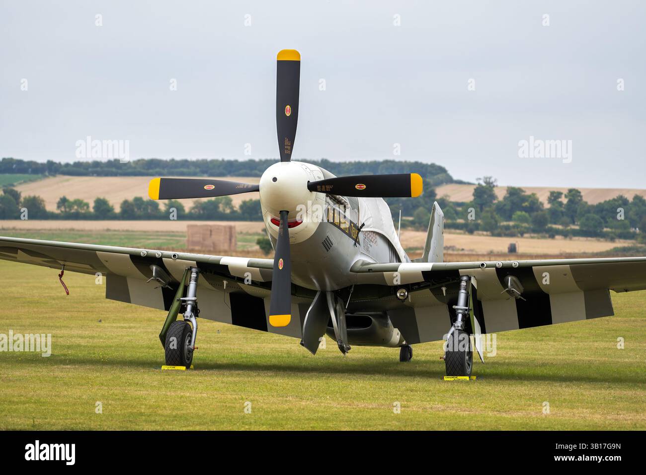 A silver and black P-51 Mustang warbird sits on green grass with chocks ...