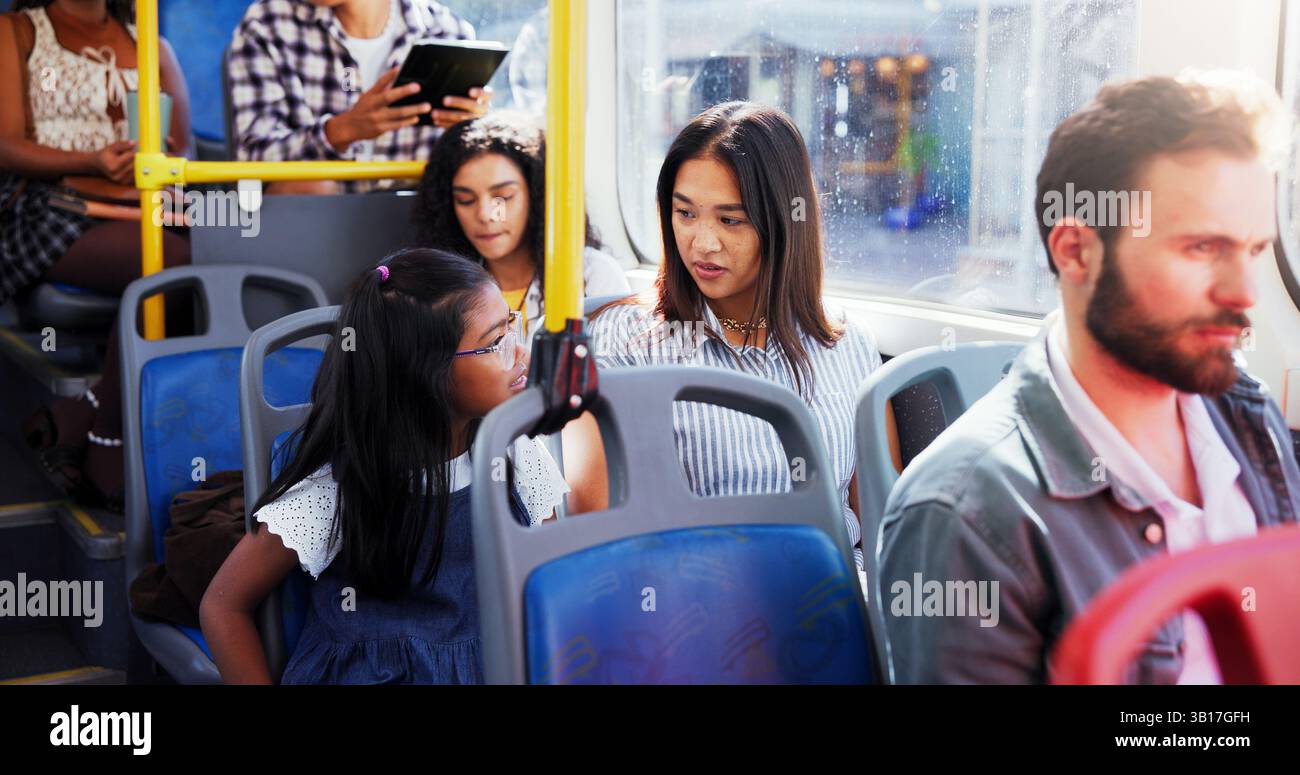 Travel, talking and mother with child on bus for morning commuting ...
